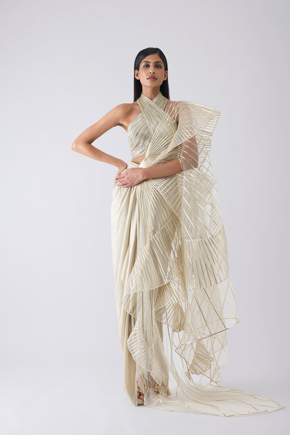 Metallic Winged Ruffle Saree – Amit Aggarwal